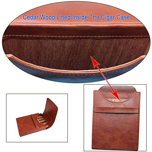 AMANCY Portable Multi-Function Brown Leather Cedar Wood Lined 5 Holder Cigar Case, Cigar Organizer Humidor with Cutter and Lighter,Great Gift for Cigar Lovers