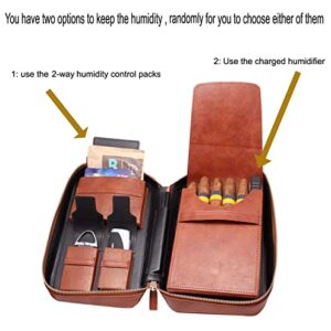 AMANCY Portable Multi-Function Brown Leather Cedar Wood Lined 5 Holder Cigar Case, Cigar Organizer Humidor with Cutter and Lighter,Great Gift for Cigar Lovers