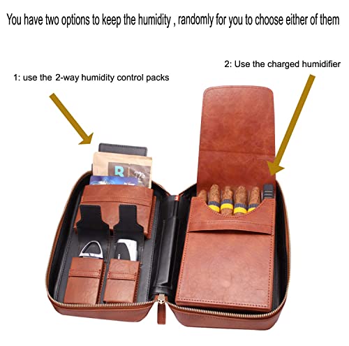 AMANCY Portable Multi-Function Brown Leather Cedar Wood Lined 5 Holder Cigar Case, Cigar Organizer Humidor with Cutter and Lighter,Great Gift for Cigar Lovers