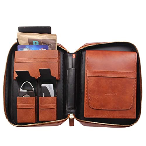 AMANCY Portable Multi-Function Brown Leather Cedar Wood Lined 5 Holder Cigar Case, Cigar Organizer Humidor with Cutter and Lighter,Great Gift for Cigar Lovers