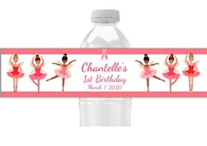 personalized ballerina girls party water bottle labels, pack of 25 peel and stick waterproof water bottle wrappers for kids birthday favors