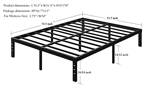 COMASACH 16 inch Full Bed Frame No Box Spring Needed, 3500 lbs Heavy Duty Metal Platform Bed Frames, Non-Slip and Noise-Free Mattress Foundation, Black