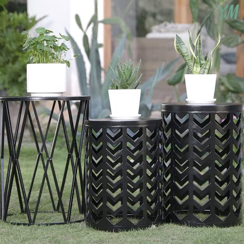 Y&M Set of 3 Nesting Metal Round Coffee Table, Side Table End Table for Indoor Outdoor Multifunctional Use,Heavy Duty Metal Plant Stand Decorative Garden Stool- Black(Ship from US)