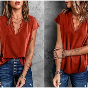 lime flare Women Sexy V Neck Lace Trim Satin T-Shirt Tops Dressy Silk Lacy Tank Tee Shirt (Red Eyelash Lace Short Sleeve,XXL)