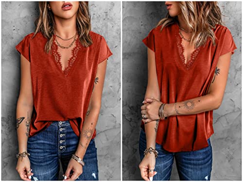 lime flare Women Sexy V Neck Lace Trim Satin T-Shirt Tops Dressy Silk Lacy Tank Tee Shirt (Red Eyelash Lace Short Sleeve,XXL)