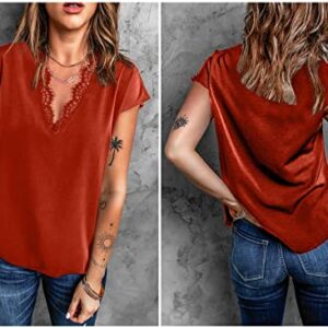 lime flare Women Sexy V Neck Lace Trim Satin T-Shirt Tops Dressy Silk Lacy Tank Tee Shirt (Red Eyelash Lace Short Sleeve,XXL)