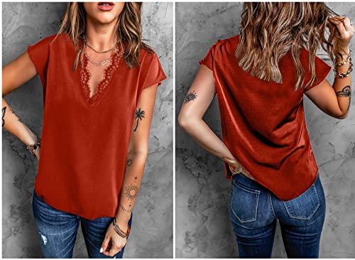 lime flare Women Sexy V Neck Lace Trim Satin T-Shirt Tops Dressy Silk Lacy Tank Tee Shirt (Red Eyelash Lace Short Sleeve,XXL)