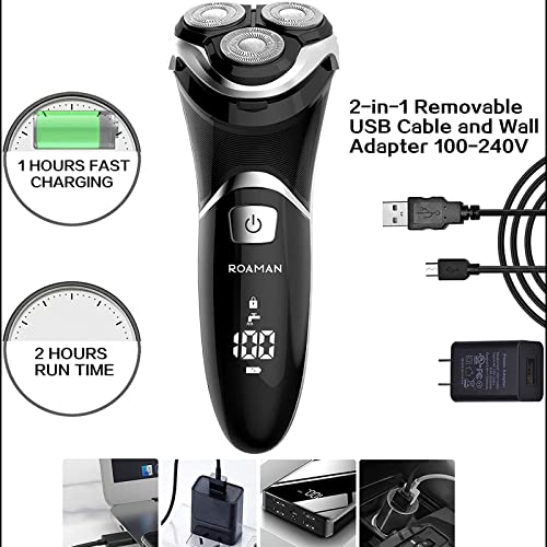 Men Electric Razor, ROAMAN Rechargeable Corded and Cordless Electric Shaver for Men with Pop-up Trimmer, Wet Dry IPX7 Waterproof LED Display 100-240v