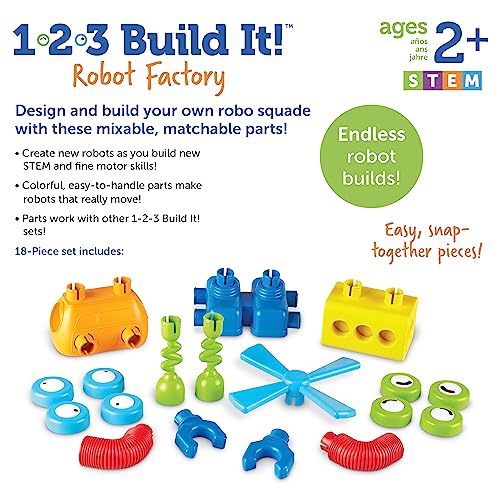 Learning Resources 1-2-3 Build It! Robot Factory, Fine Motor Toy, Robot Building Set for Unisex Children Ages 2+