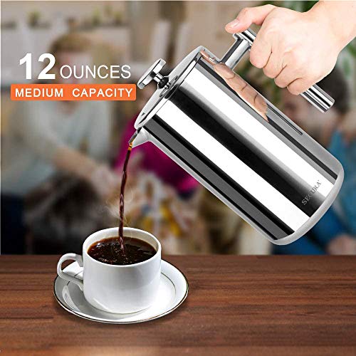 Secura French Press Coffee Maker, 304 Grade Stainless Steel Insulated Coffee Press with 2 Extra Screens, 12oz (0.35 Litre), Silver (SFP-12DS)