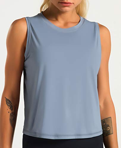 Dragon Fit Women Sleeveless Yoga Tops Workout Cool T-Shirt Running Short Tank Crop Tops (Blue, Medium)