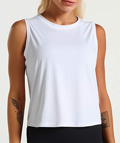 Dragon Fit Women Sleeveless Yoga Tops Workout Cool T-Shirt Running Short Tank Crop Tops (White, Small)