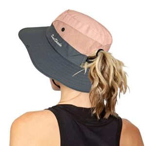 women's outdoor uv-protection-foldable sun-hats mesh wide-brim beach fishing hat with ponytail-hole (pink)