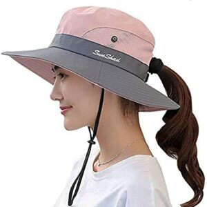 Women's Outdoor UV-Protection-Foldable Sun-Hats Mesh Wide-Brim Beach Fishing Hat with Ponytail-Hole (Pink)