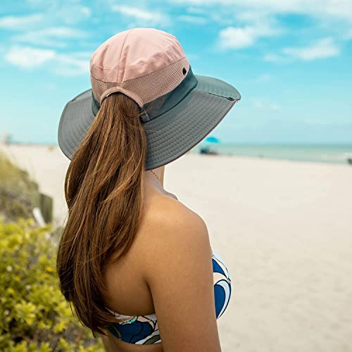 Women's Outdoor UV-Protection-Foldable Sun-Hats Mesh Wide-Brim Beach Fishing Hat with Ponytail-Hole (Pink)