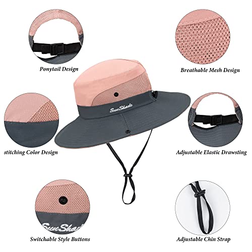 Women's Outdoor UV-Protection-Foldable Sun-Hats Mesh Wide-Brim Beach Fishing Hat with Ponytail-Hole (Pink)