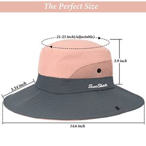 Women's Outdoor UV-Protection-Foldable Sun-Hats Mesh Wide-Brim Beach Fishing Hat with Ponytail-Hole (Pink)