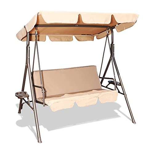 GOLDSUN 3 Person Outdoor Weather Resistant Patio Glider Swing Hammock with Utility Tray, Removable Cushion, & Canopy for Patio, Garden, or Deck, Beige