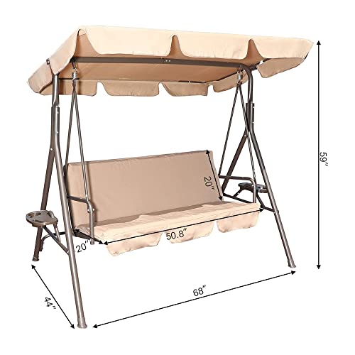 GOLDSUN 3 Person Outdoor Weather Resistant Patio Glider Swing Hammock with Utility Tray, Removable Cushion, & Canopy for Patio, Garden, or Deck, Beige