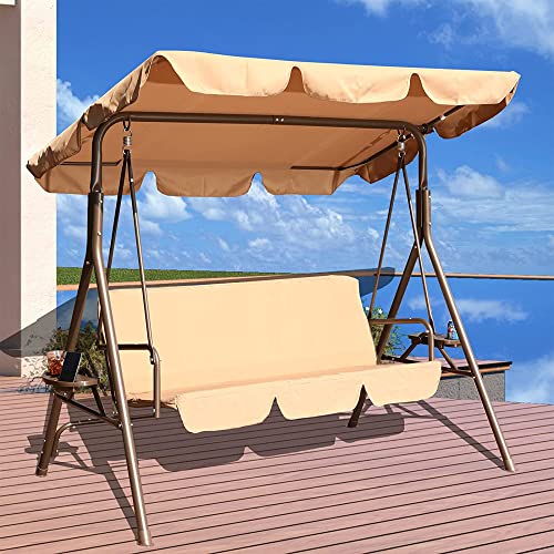 GOLDSUN 3 Person Outdoor Weather Resistant Patio Glider Swing Hammock with Utility Tray, Removable Cushion, & Canopy for Patio, Garden, or Deck, Beige