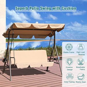 GOLDSUN 3 Person Outdoor Weather Resistant Patio Glider Swing Hammock with Utility Tray, Removable Cushion, & Canopy for Patio, Garden, or Deck, Beige