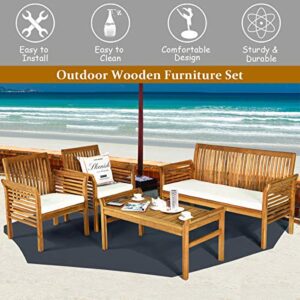 Tangkula 4 Piece Outdoor Acacia Wood Sofa Set with Water Resistant Cushions, Padded Patio Conversation Table Chair Set w/Coffee Table for Garden, Backyard, Poolside (1)