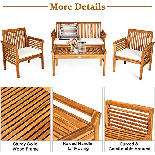 Tangkula 4 Piece Outdoor Acacia Wood Sofa Set with Water Resistant Cushions, Padded Patio Conversation Table Chair Set w/Coffee Table for Garden, Backyard, Poolside (1)