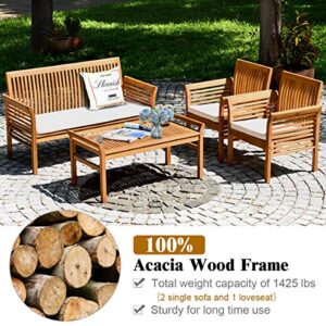 Tangkula 4 Piece Outdoor Acacia Wood Sofa Set with Water Resistant Cushions, Padded Patio Conversation Table Chair Set w/Coffee Table for Garden, Backyard, Poolside (1)