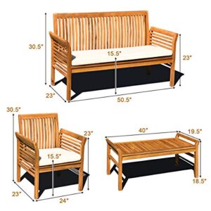 Tangkula 4 Piece Outdoor Acacia Wood Sofa Set with Water Resistant Cushions, Padded Patio Conversation Table Chair Set w/Coffee Table for Garden, Backyard, Poolside (1)