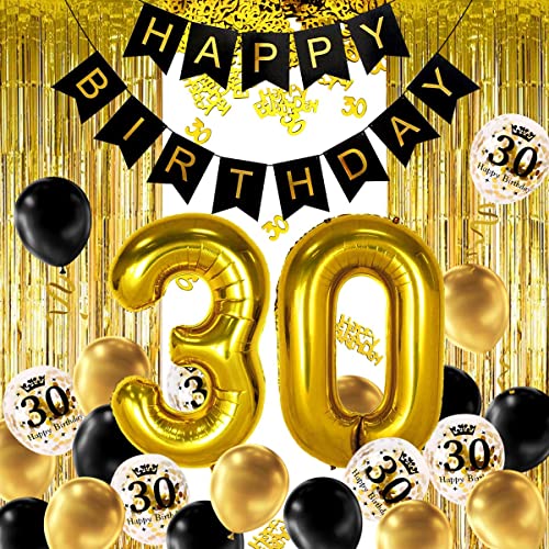 MOVINPE 30th Black Gold Birthday Party Decoration, Happy Birthday Banner, Jumbo Number 30 Foil Balloon, 2 Fringe Curtain, Latex Confetti Balloon, Table Confetti for Boy Girl Men Women Anniversary