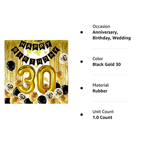 MOVINPE 30th Black Gold Birthday Party Decoration, Happy Birthday Banner, Jumbo Number 30 Foil Balloon, 2 Fringe Curtain, Latex Confetti Balloon, Table Confetti for Boy Girl Men Women Anniversary