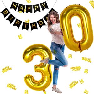 MOVINPE 30th Black Gold Birthday Party Decoration, Happy Birthday Banner, Jumbo Number 30 Foil Balloon, 2 Fringe Curtain, Latex Confetti Balloon, Table Confetti for Boy Girl Men Women Anniversary