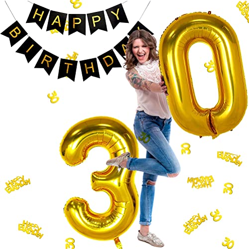 MOVINPE 30th Black Gold Birthday Party Decoration, Happy Birthday Banner, Jumbo Number 30 Foil Balloon, 2 Fringe Curtain, Latex Confetti Balloon, Table Confetti for Boy Girl Men Women Anniversary