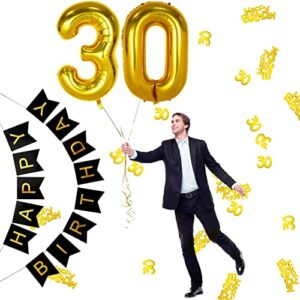 MOVINPE 30th Black Gold Birthday Party Decoration, Happy Birthday Banner, Jumbo Number 30 Foil Balloon, 2 Fringe Curtain, Latex Confetti Balloon, Table Confetti for Boy Girl Men Women Anniversary