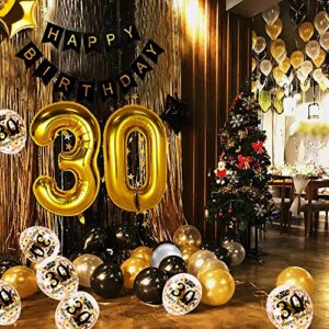 MOVINPE 30th Black Gold Birthday Party Decoration, Happy Birthday Banner, Jumbo Number 30 Foil Balloon, 2 Fringe Curtain, Latex Confetti Balloon, Table Confetti for Boy Girl Men Women Anniversary