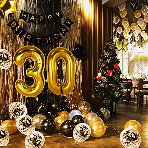 MOVINPE 30th Black Gold Birthday Party Decoration, Happy Birthday Banner, Jumbo Number 30 Foil Balloon, 2 Fringe Curtain, Latex Confetti Balloon, Table Confetti for Boy Girl Men Women Anniversary