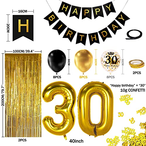 MOVINPE 30th Black Gold Birthday Party Decoration, Happy Birthday Banner, Jumbo Number 30 Foil Balloon, 2 Fringe Curtain, Latex Confetti Balloon, Table Confetti for Boy Girl Men Women Anniversary