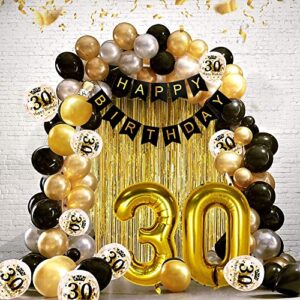 MOVINPE 30th Black Gold Birthday Party Decoration, Happy Birthday Banner, Jumbo Number 30 Foil Balloon, 2 Fringe Curtain, Latex Confetti Balloon, Table Confetti for Boy Girl Men Women Anniversary