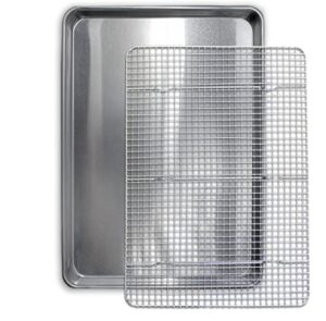 commercial quality cookie sheet and rack - aluminum half sheet baking pan and stainless steel cooling rack set - this 13x18 baking & roasting tray is rust & warp resistant, heavy duty, of thick gauge