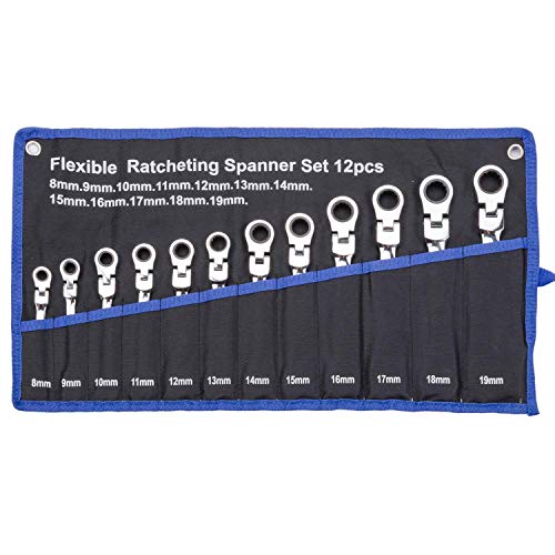 Qnkaa Flexible Ratchet Wrench Set 12pcs 8-19mm Spanner Gear Ring Ratcheting Combination Flexi Wrench Kit Metric Flex Head