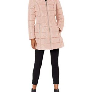 LAUNDRY BY SHELLI SEGAL Women's 3/4 Puffer Jacket with Zig Zag Cinched Waist and Faux Fur Trim Hood, Dusty Pink, Medium