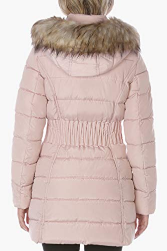 LAUNDRY BY SHELLI SEGAL Women's 3/4 Puffer Jacket with Zig Zag Cinched Waist and Faux Fur Trim Hood, Dusty Pink, Medium