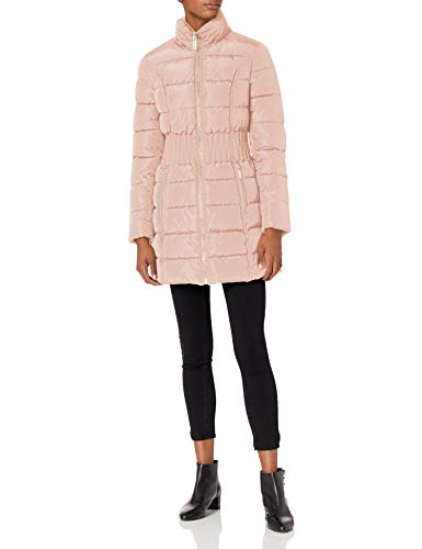 LAUNDRY BY SHELLI SEGAL Women's 3/4 Puffer Jacket with Zig Zag Cinched Waist and Faux Fur Trim Hood, Dusty Pink, Medium