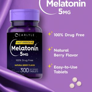 Carlyle Melatonin 5 mg Fast Dissolve 300 Tablets | Natural Berry Flavor | Vegetarian, Non-GMO Supplement