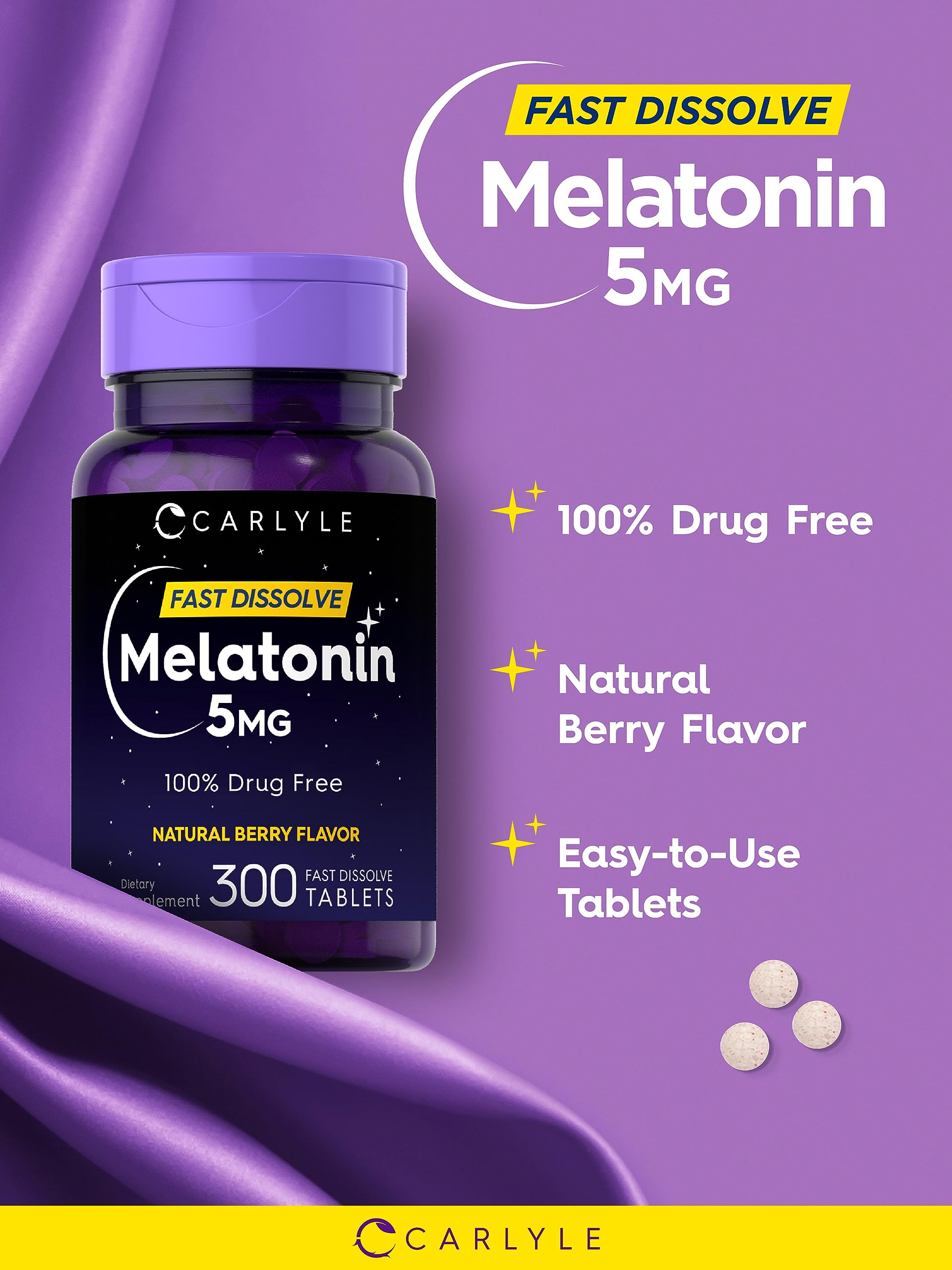 Carlyle Melatonin 5 mg Fast Dissolve 300 Tablets | Natural Berry Flavor | Vegetarian, Non-GMO Supplement