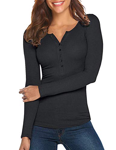 Tobrief Women's Henley Shirts Long Sleeve V Neck Ribbed Button Knit Sweater Solid Color Tops (M, Black)