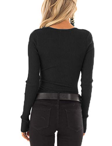 Tobrief Women's Henley Shirts Long Sleeve V Neck Ribbed Button Knit Sweater Solid Color Tops (M, Black)