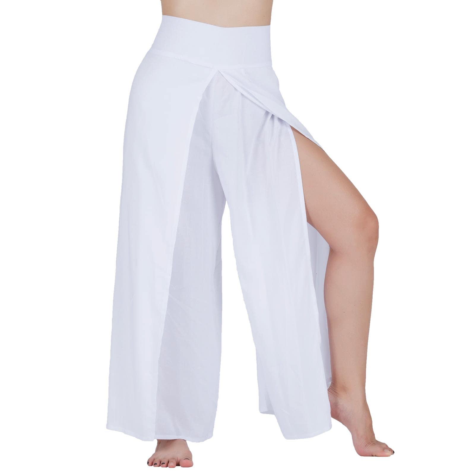 LOFBAZ Slit Leg Palazzo Yoga Pants for Women Girls Maternity Summer Beach Pajama High Waisted Boho Harem Pants Womens Clothing Solid White S