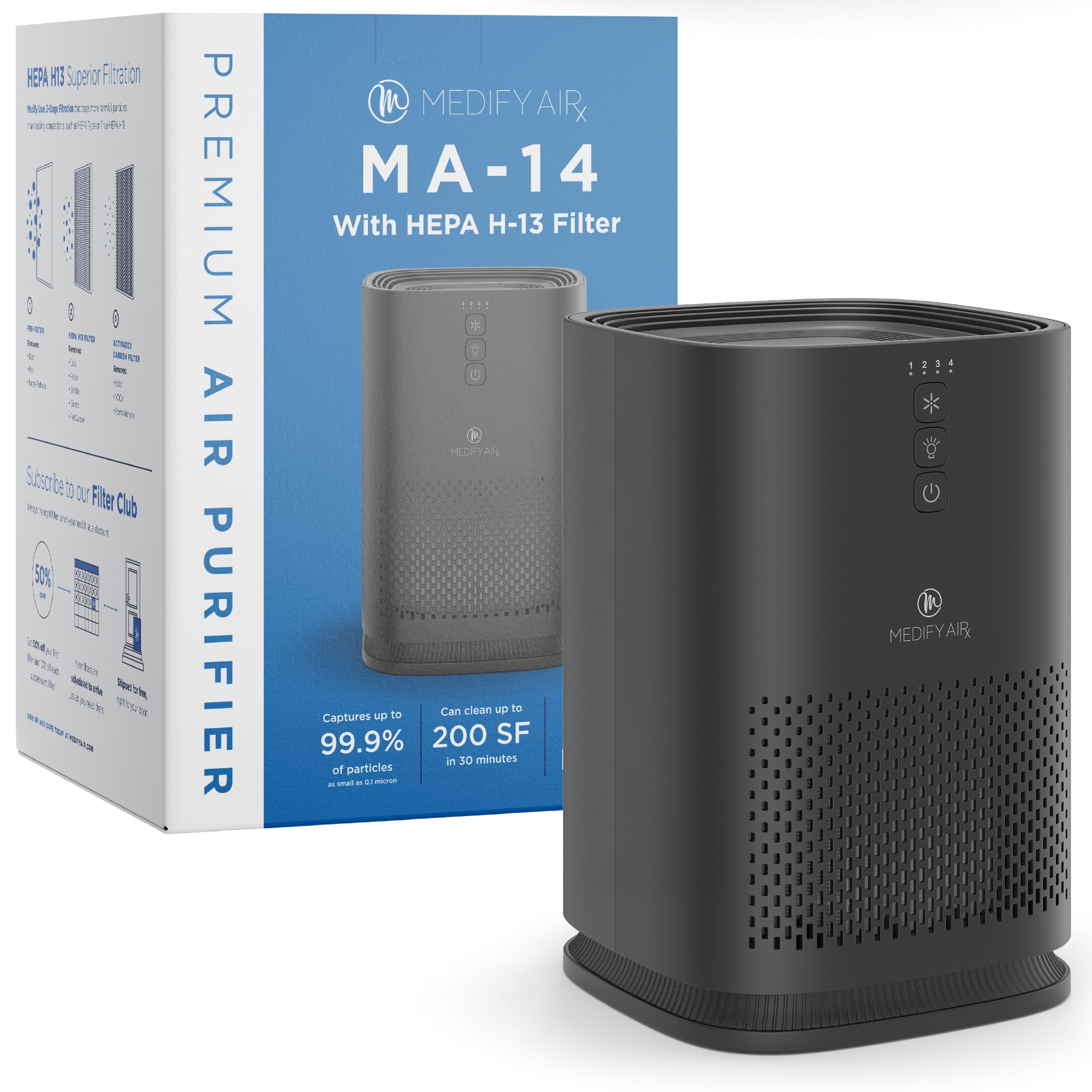 Medify Air MA-14 Air Purifier with H13 True HEPA Filter | 200 sq ft Coverage | for Allergens, Wildfire Smoke, Dust, Odors, Pollen, Pet Dander | Quiet 99.7% Removal to 0.1 Microns | Black, 1-Pack