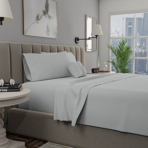 Purity Home 400 Thread Count 100% Cotton Sheets, Cooling Percale Queen Light Gray Sheet Set, with Elasticized Deep Pocket Bed Sheets, Hotel Luxury 4 Piece Queen Size Bedding Set - Queen, Light Gray